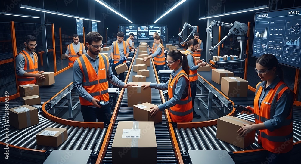 Automated warehouse with workers and robotic arms processing packages ...