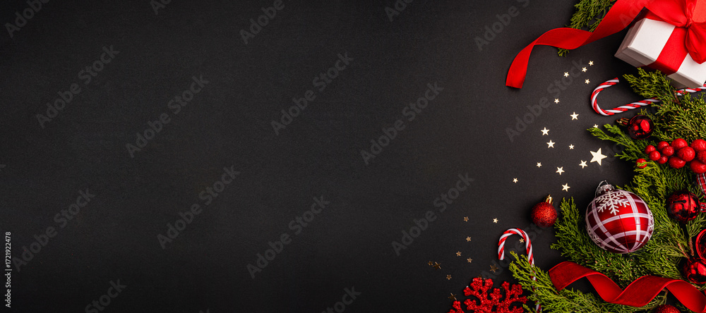 Holiday-themed flat lay featuring Christmas greenery, red and gold ...