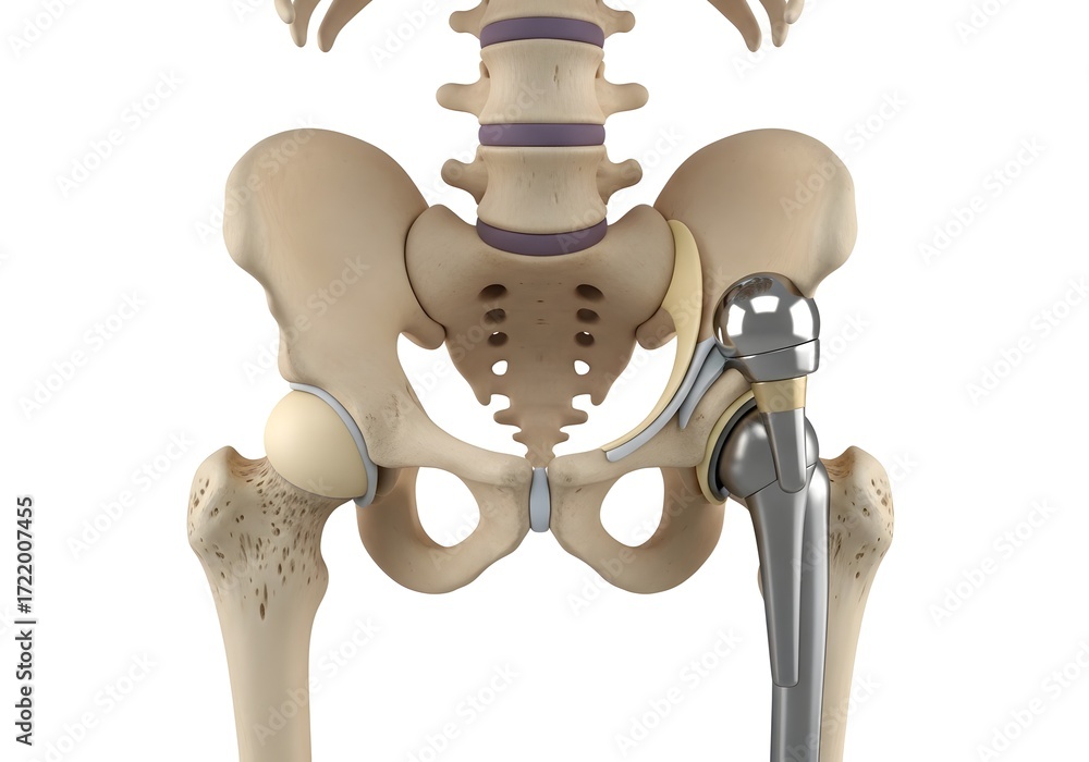 Illustration of a human pelvis and spine with a hip replacement on the ...