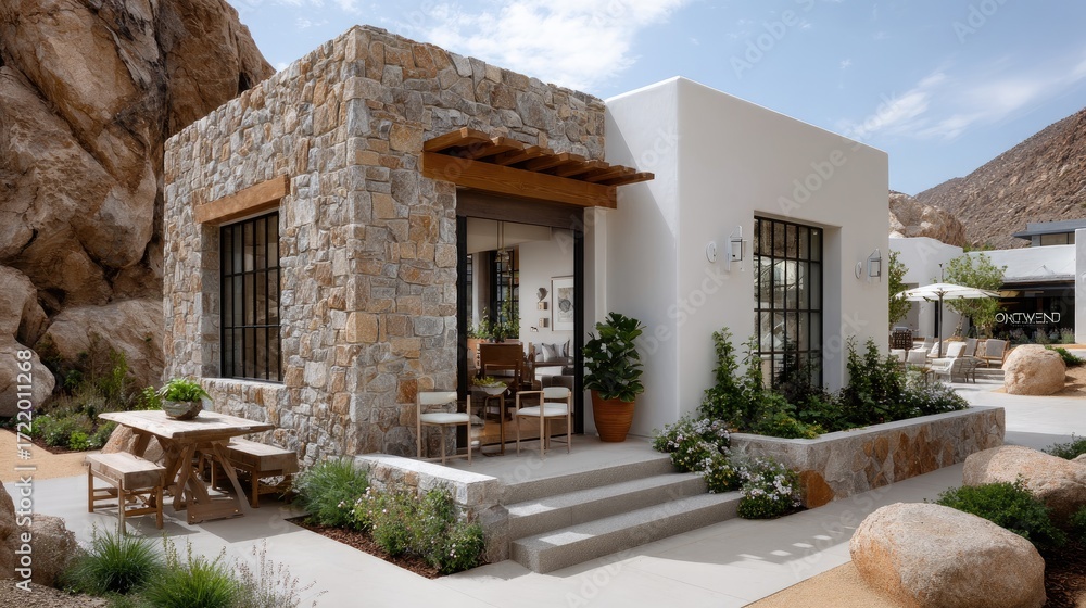 Stunning architectural design features white stucco walls, arched ...