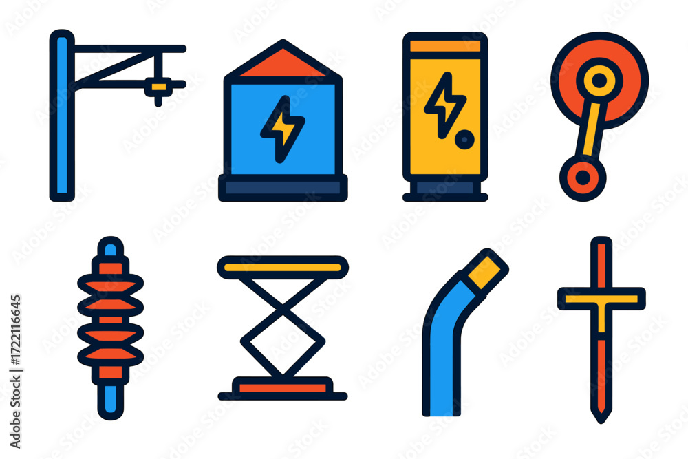 Railway Electrification Icons. Flat vector icons of railway ...