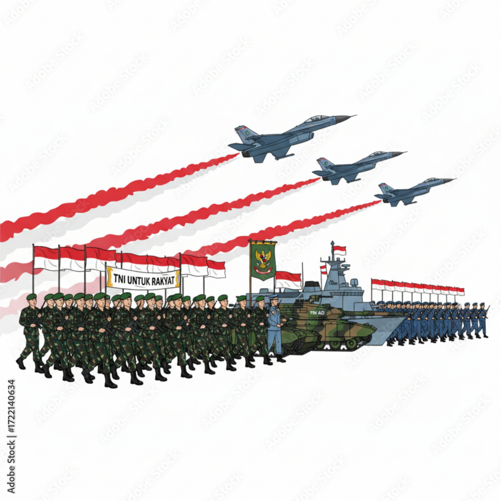 Indonesian military forces are shown in a parade with soldiers marching ...