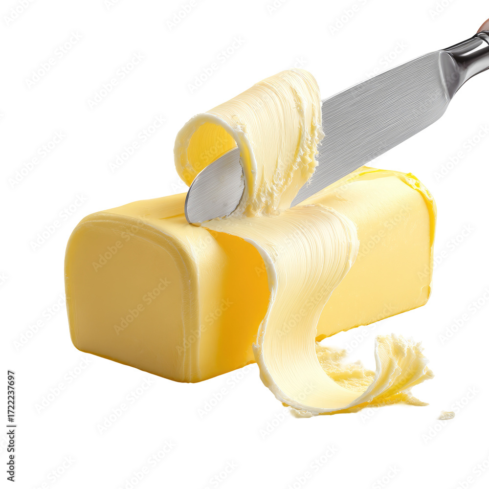 Butter being spread with a knife. Creamy, yellow block of butter with a ...