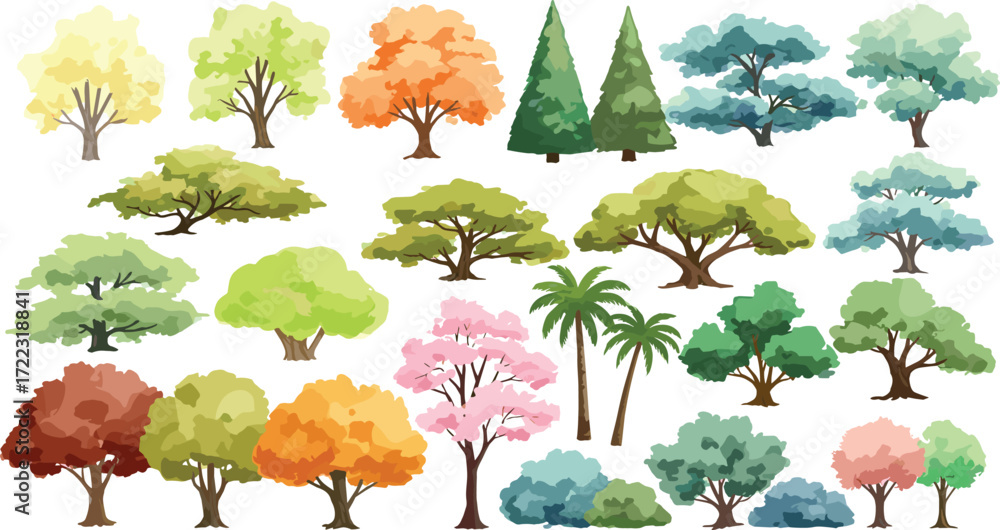 Collection of various stylized trees, including deciduous, evergreen ...