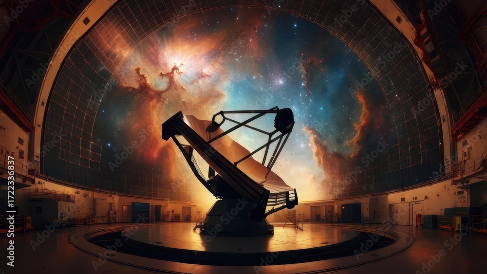 Telescope inside observatory dome with nebula Stock Illustration ...