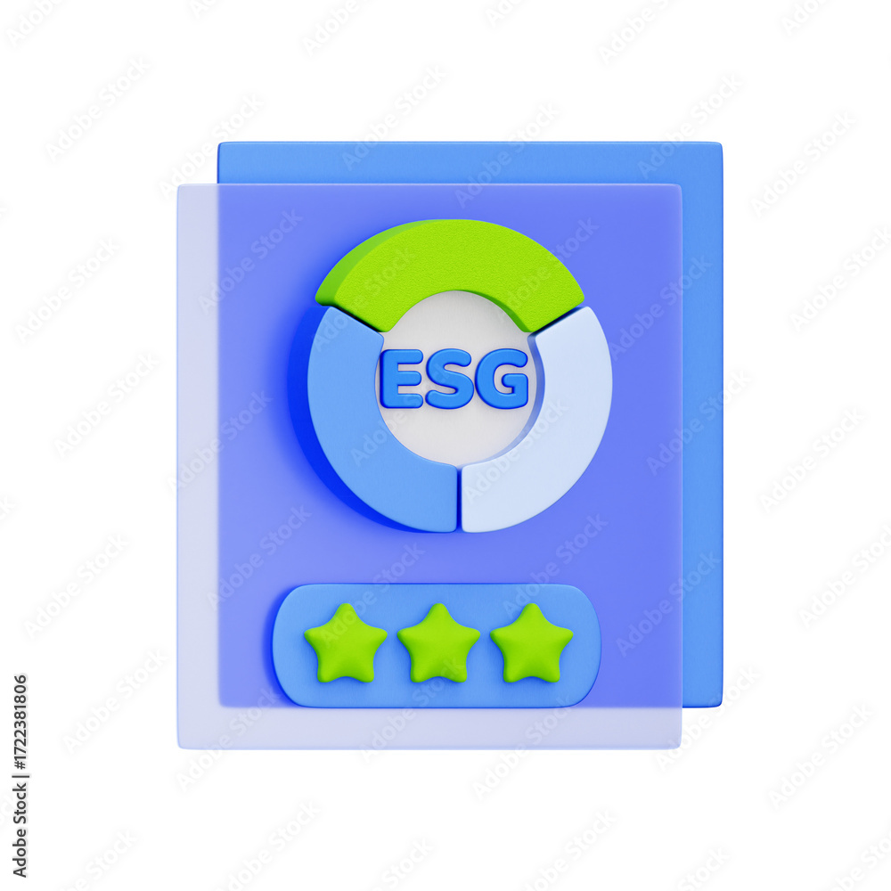 3D icon of a document with an ESG chart and a star rating For company ...