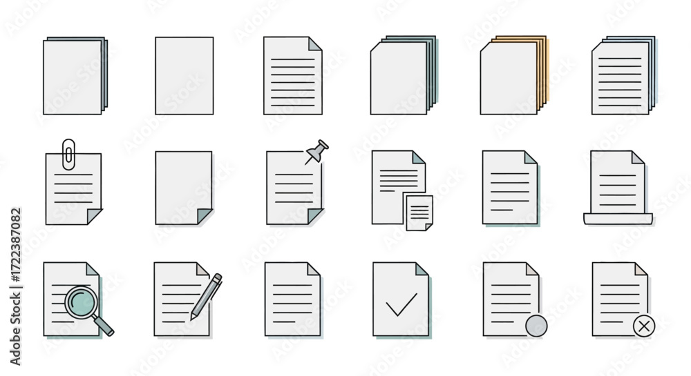 Collection of various stylized document icons, depicting different ...