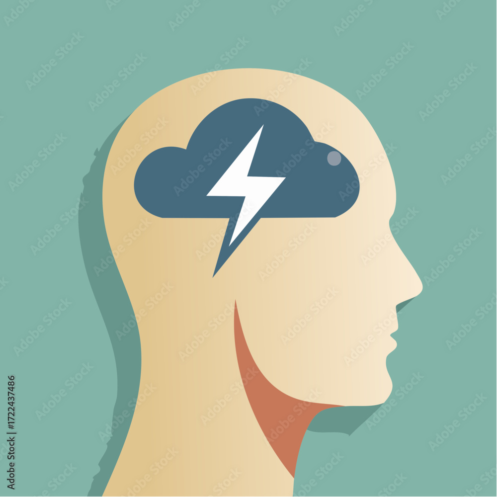 Conceptual graphic representation of a human head with a thundercloud ...