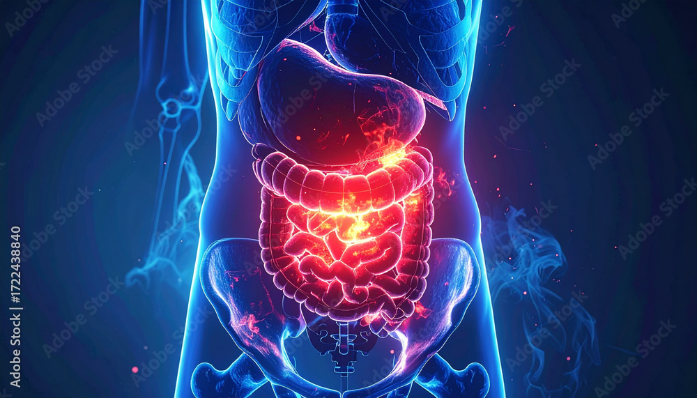 Inflamed Digestive System Visualization Depicting Internal Pain, Human ...