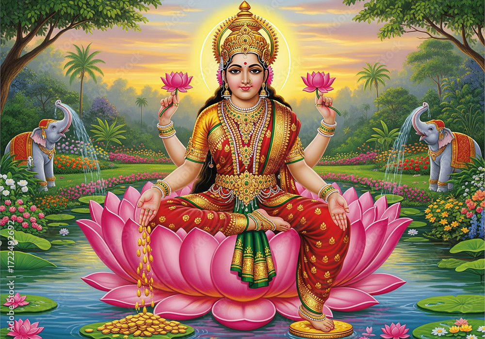 Goddess Lakshmi seated on lotus, elephants, water, flowers, wealth ...