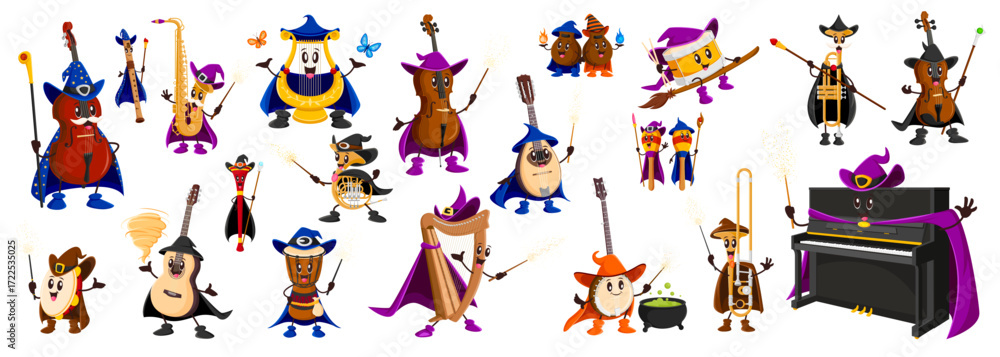 Cartoon Halloween mages and wizard musical instrument characters. Piano ...