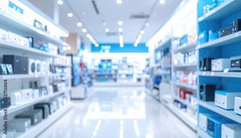 An out-of-focus wide shot of a brightly lit store aisle with electronic ...