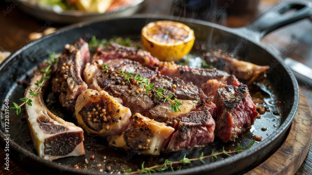 Ilustración de Stock Charred ribeye steak with bone marrow in cast iron ...