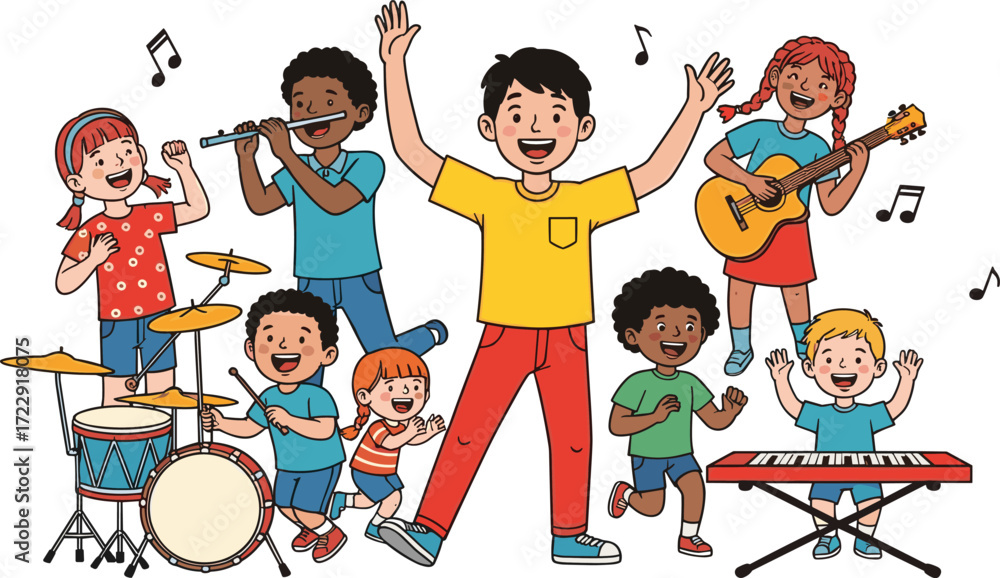Happy children playing musical instruments together with drums, guitar ...