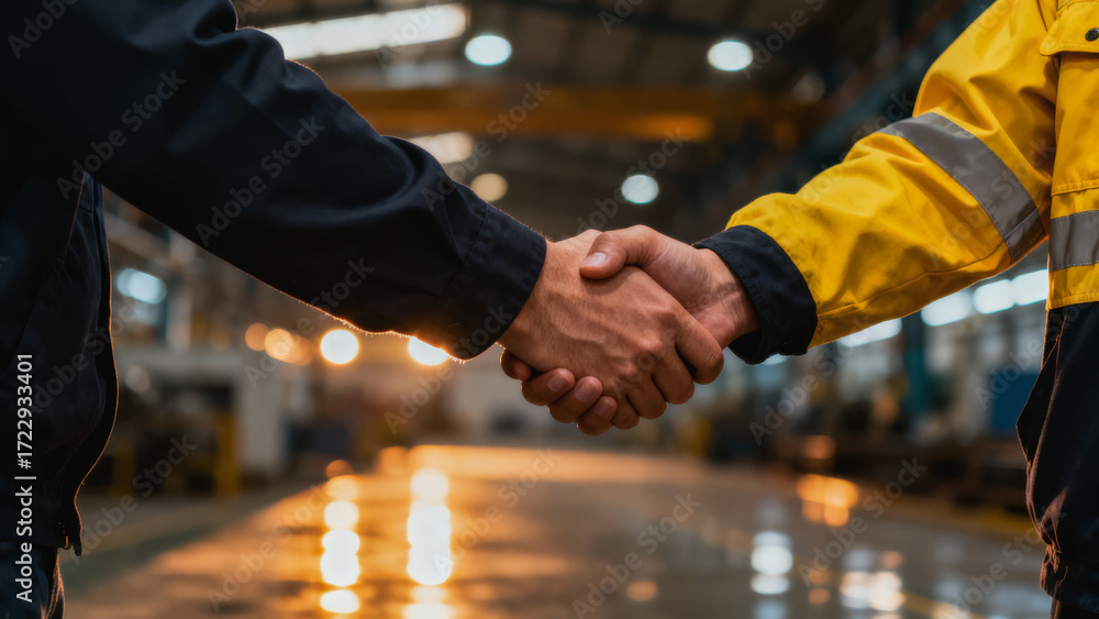Hse handshake concept in industrial setting shows agreement and ...