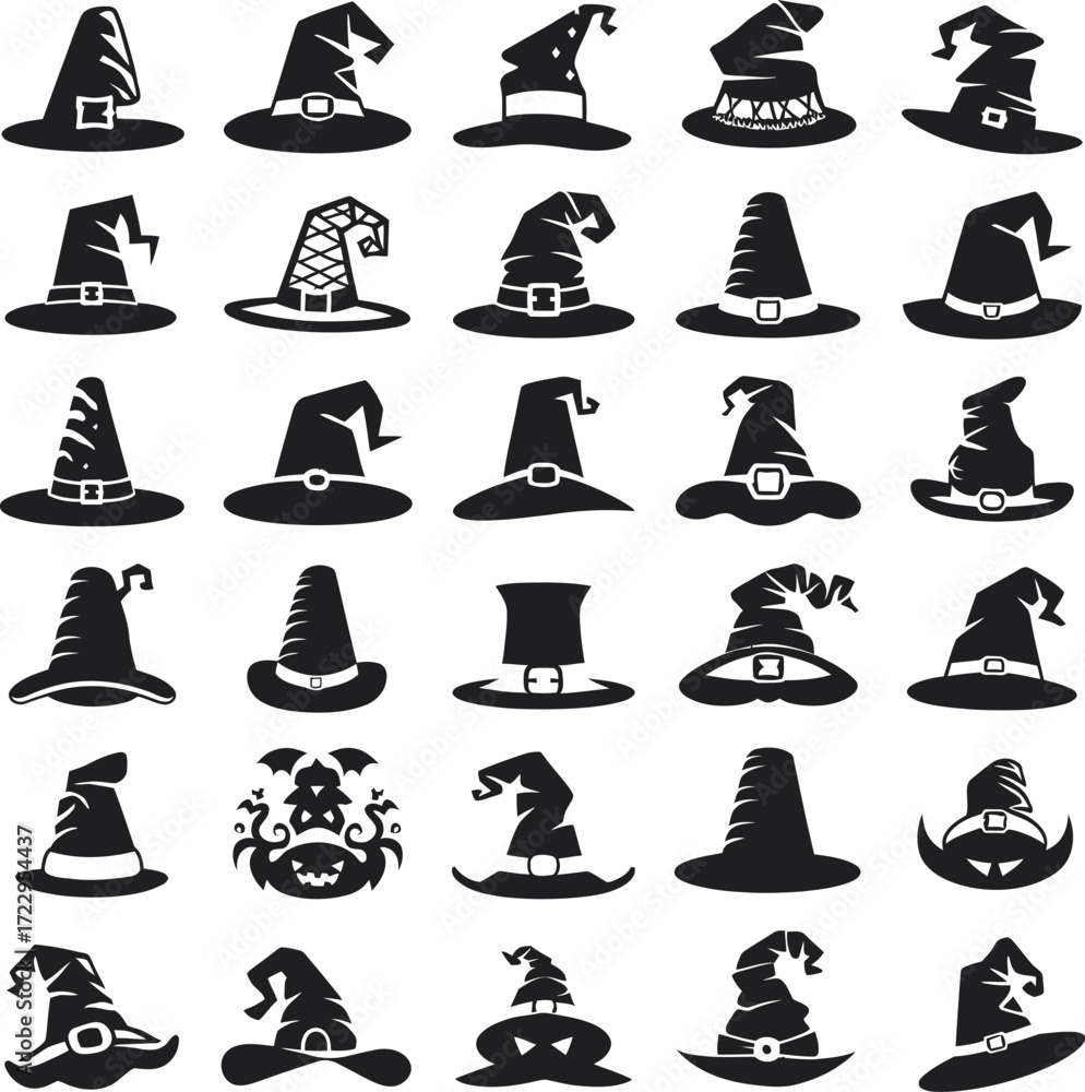 Vector art of collection of witch and wizard hats various shapes and ...