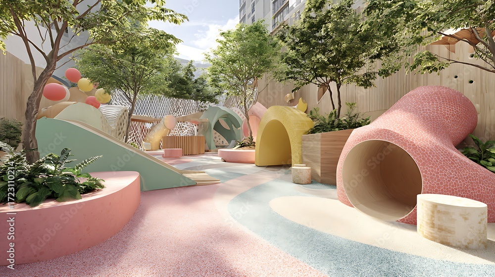 Soft pastel playground with bumpy mats textured tunnels and sound drums ...