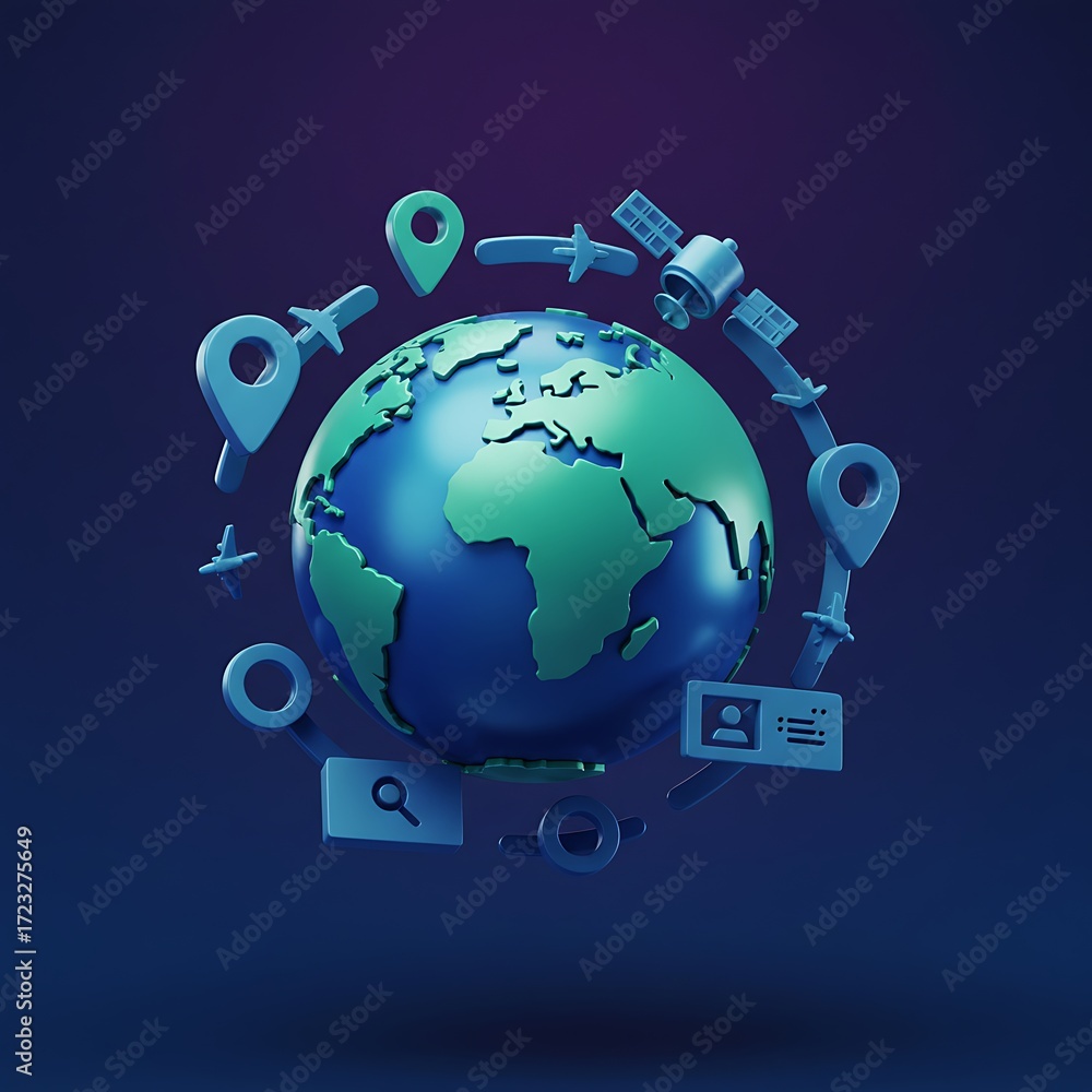 Stylized 3d globe with location pins, airplanes, satellites, id card ...