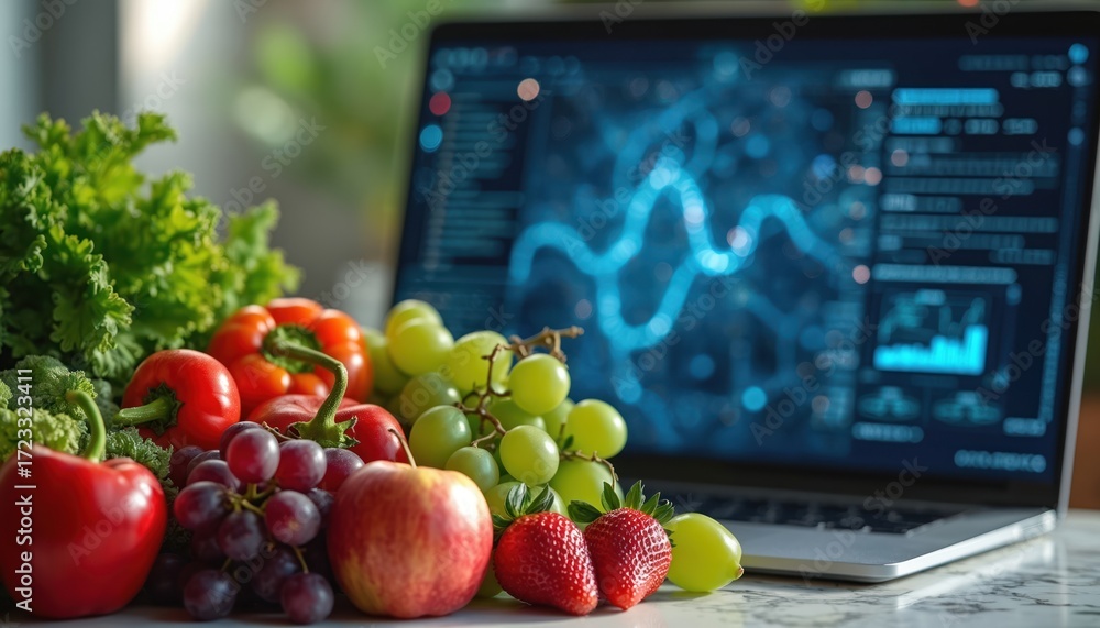 Foto de Stock Fresh fruits, vegetables near laptop with biocomputing ...