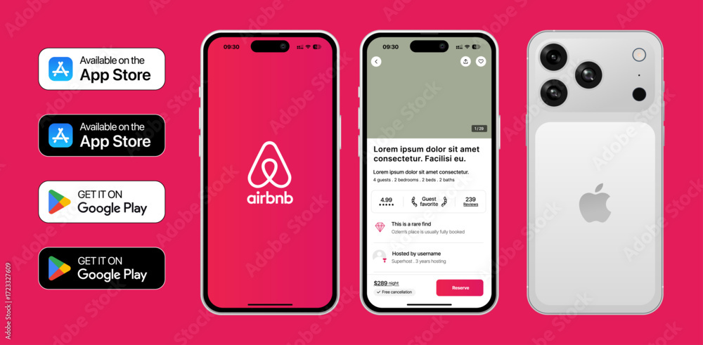 Airbnb UI template 2025 update shown on iPhone 17 — dual light & dark ...