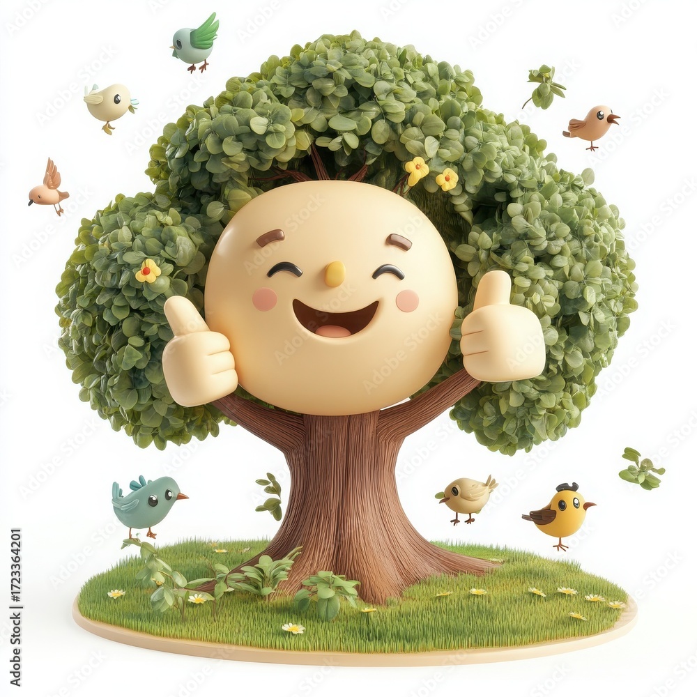 Cartoon Tree Character with Smiling Face and Thumbs Up Surrounded by ...