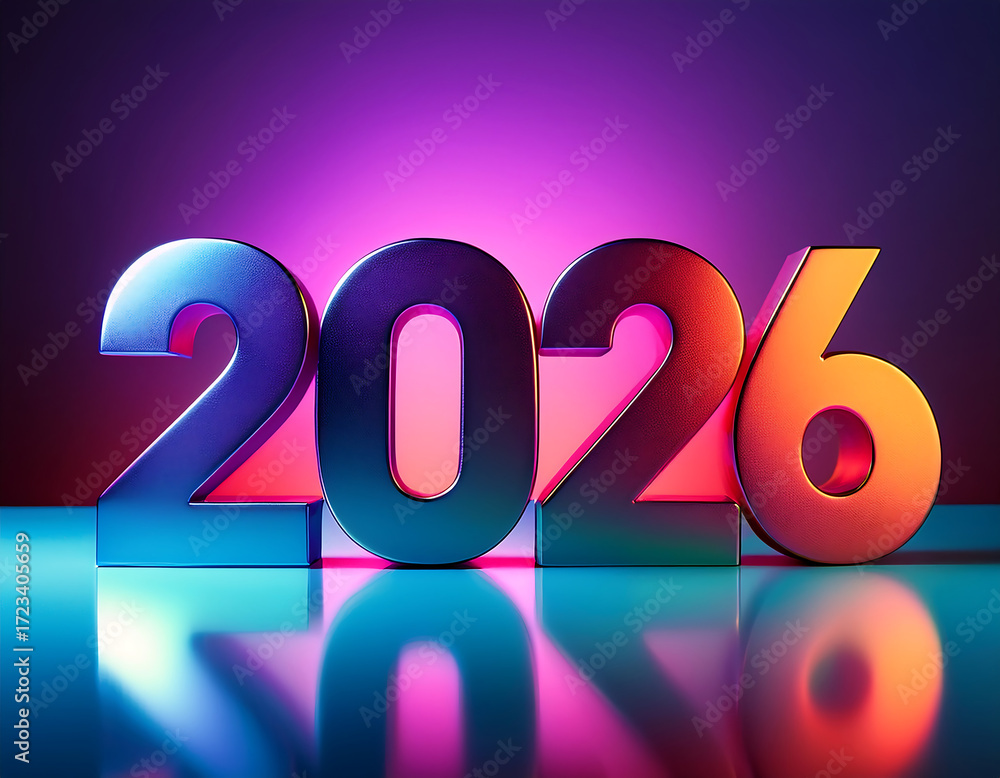 The year 2026 is displayed in a vibrant 3D representation with a ...