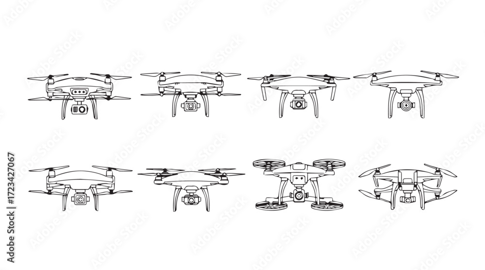 Collection of drones in detailed line drawings showing various angles ...