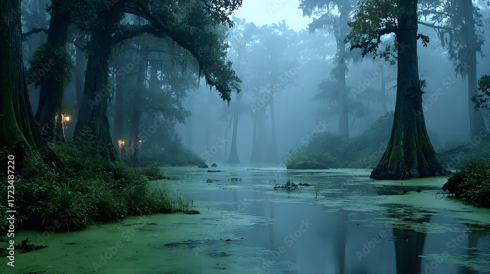 Eerie, mystical photograph of a misty swamp at twilight, with ancient ...