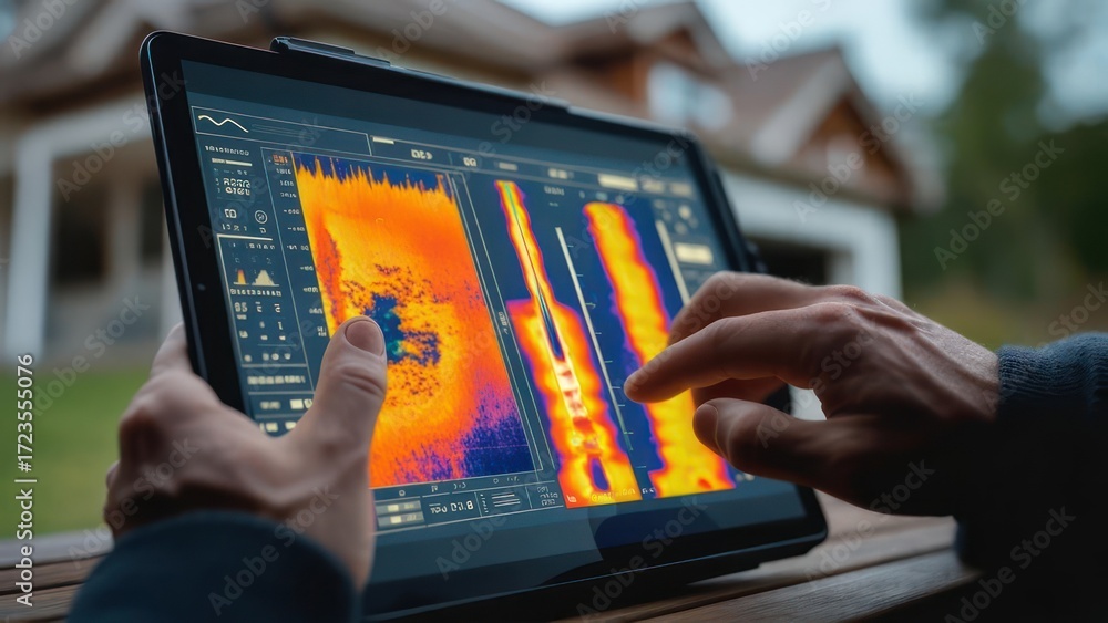 Professional analyzing thermal imaging data on a tablet outdoors ...