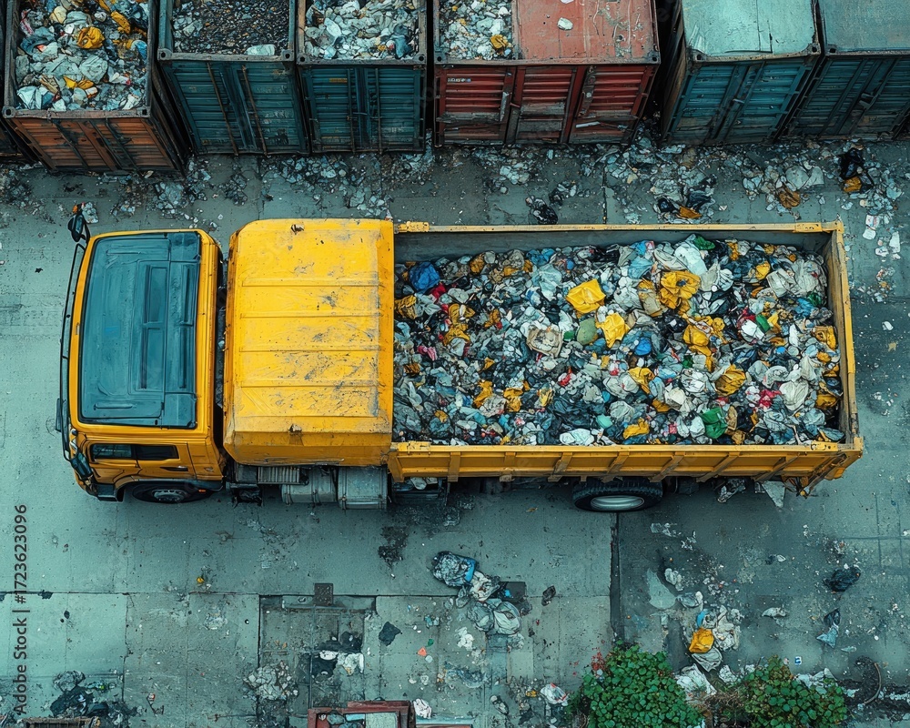 Aerial view of yellow dump truck loaded with waste, containers at the ...