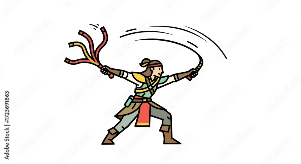 Cartoon Adventurer Character Whipping with Multi-Tailed Whip. Stock ...