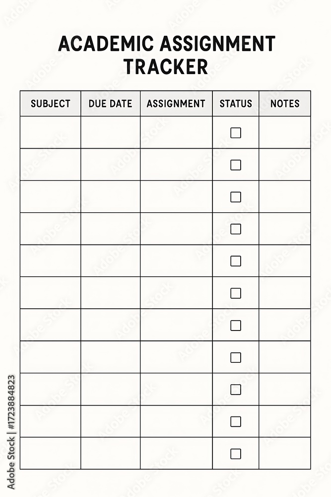 Academic Assignment Tracker with Subject Due Date Assignment Status ...