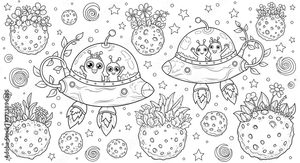 Galactic sprout-ships doodle art coloring page of whimsical plant-like ...