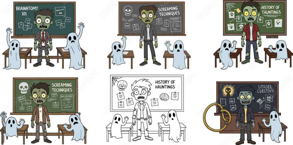 Funny cartoon zombie students with ghosts in spooky classroom learning ...