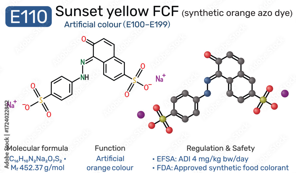 Image vectorielle Stock Sunset Yellow FCF molecule E110 food additive ...