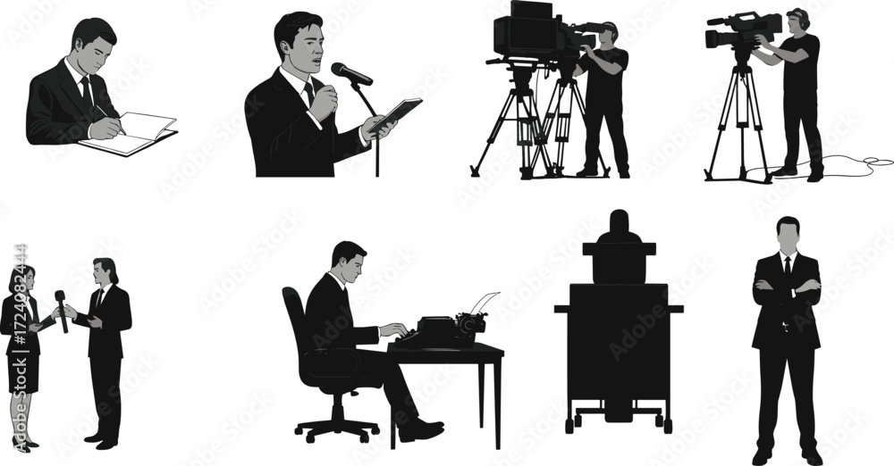 Journalist writing notes, news anchor speaking, cameraman filming video ...