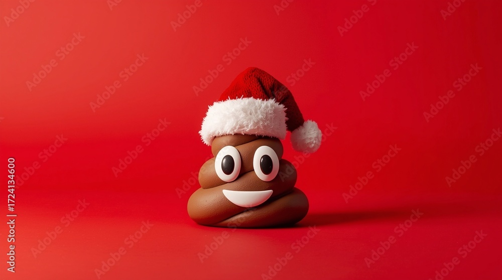 Christmas poop emoji toy with Santa hat on red background, funny ...