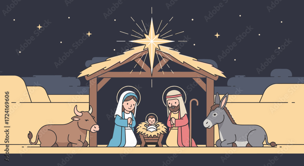 Nativity scene with mary joseph jesus donkey and ox under starry sky 素材 ...