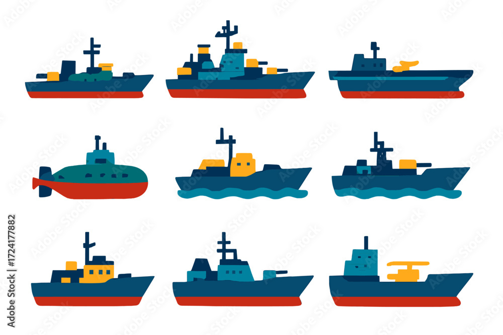 Naval Vessel Icons. Flat vector icons of military naval vessels ...