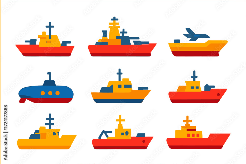 Naval Vessel Icons. Flat vector icons of military naval vessels ...