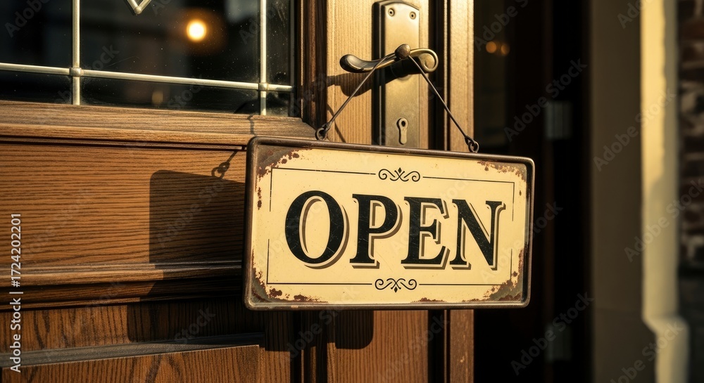 Door with an Open sign showcasing aged metal and wood details in a ...