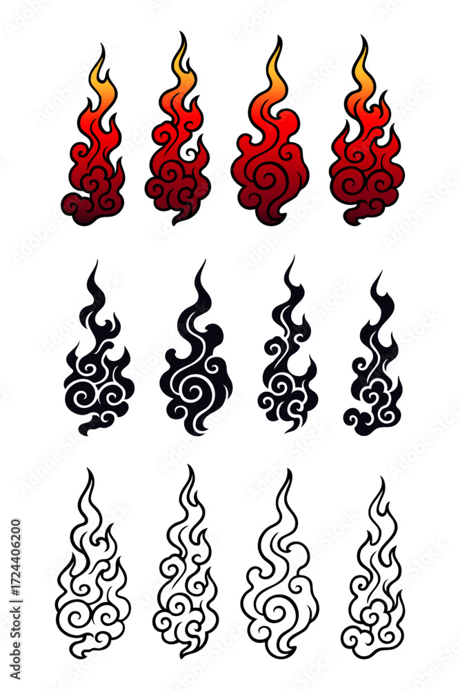 Oriental Japanese Style Fire flame ignite collection set vector clip ...