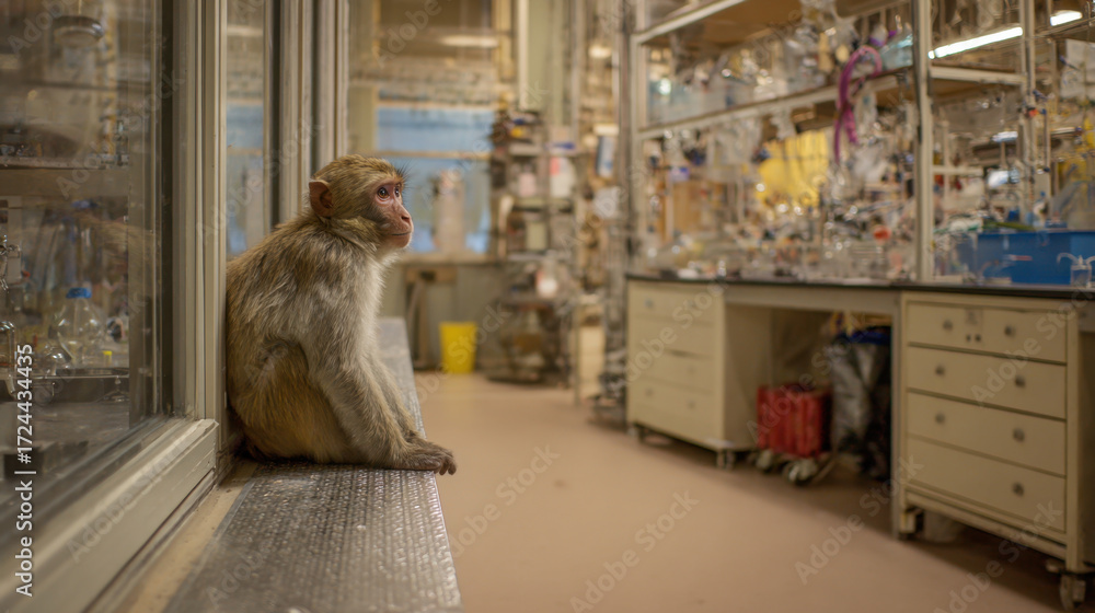 Lonely monkey sitting on lab table in modern re facility surrounded by ...