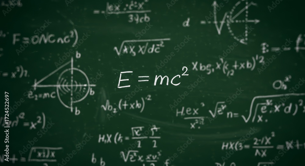 Blackboard filled with physics equations including E=mc², Schrödinger’s ...