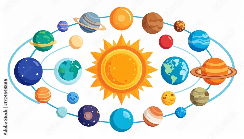 Photo Stock Cartoon illustration of the solar system with the sun at ...