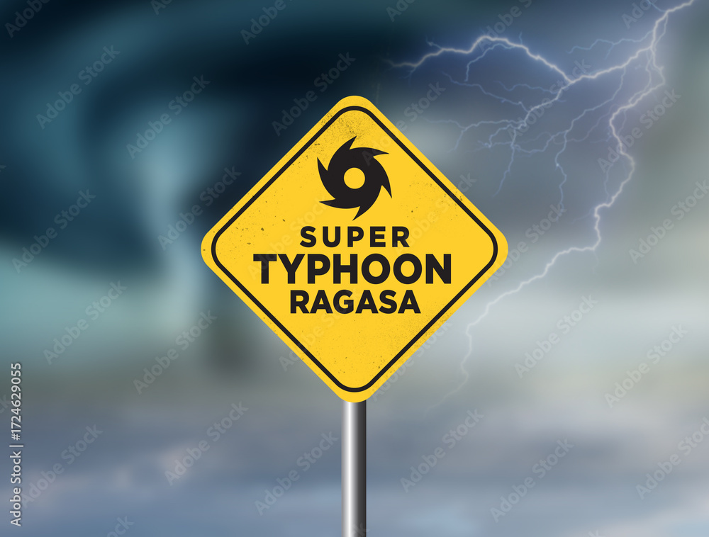 Tropical Storm Ragasa. Super typhoon warning sign against a powerful ...