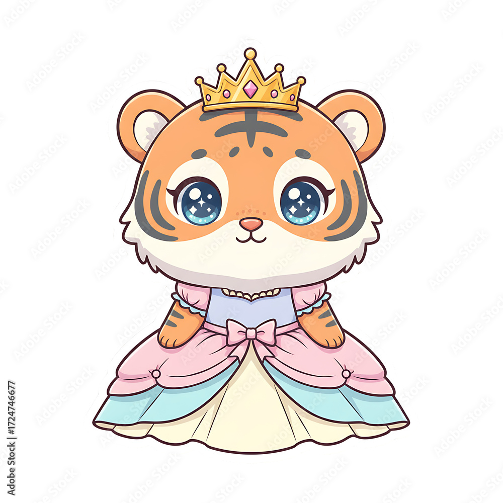 Adorable cartoon princess tiger wearing a crown and beautiful gown in a ...