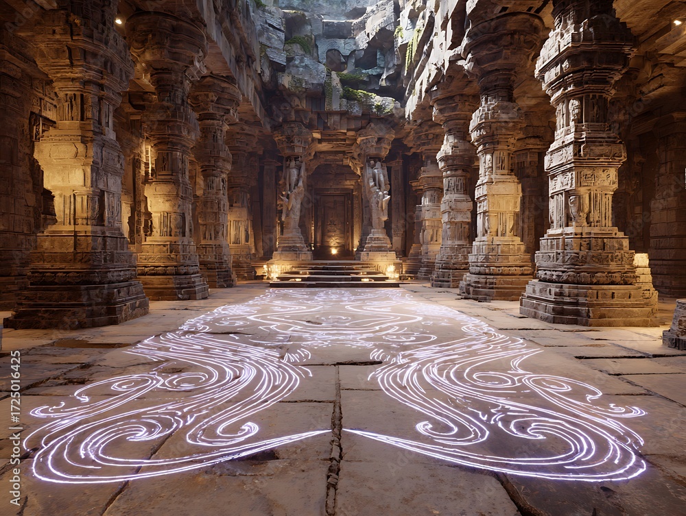 Ancient temple floor lit with neural net symbols and plasma flow maps ...