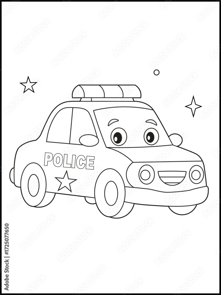 Cartoon Police Car with Stars Coloring Page for Kids. Printable Black ...