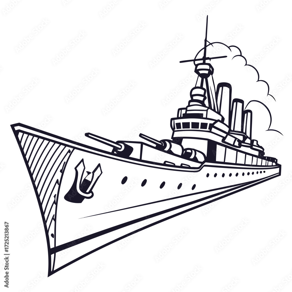 Vector art of drawing of a vintage battleship, representing naval ...